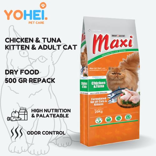 Jual Best In Show Maxi Cat Chicken & Tuna Makanan Kucing Repack 500gr ...