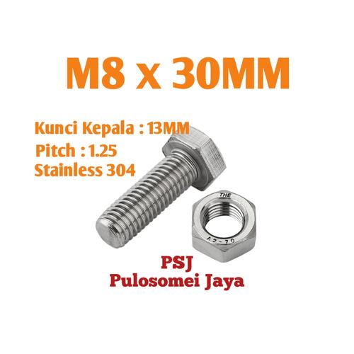 Jual Baut Mur Stainless M8 x 30 mm / Bolt Nut Stainless Steel 304 - Kota Tangerang - PULO SOMEI ...