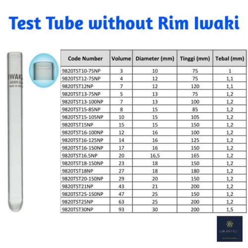 Jual Test Tube Without Rim Tabung Reaksi Tanpa Bibir Iwaki Ukuran Besar ...