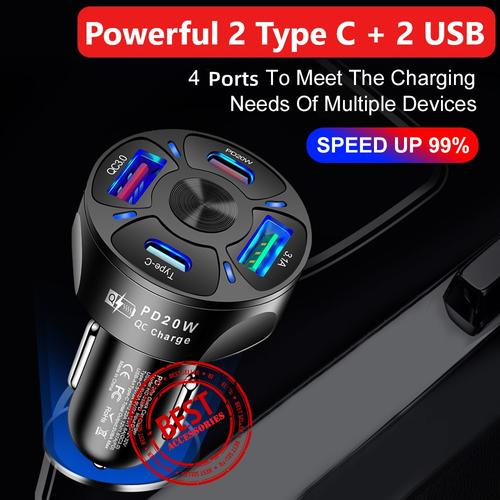 Jual Car Charger Type C USB Adaptor Quick Charging 4 Port 20W - 2TypeC ...