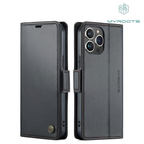 Promo Myroots Leather Case Flip RFID Iphone For 15 14 13 Pro Max Series ...