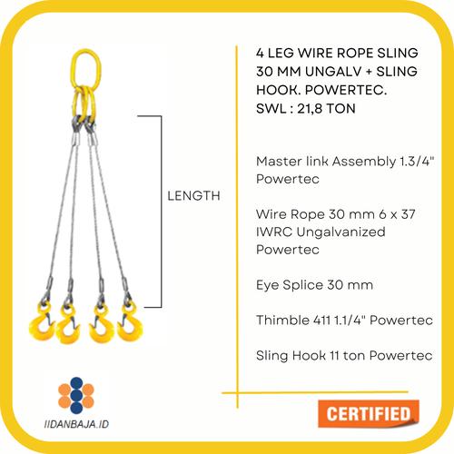 Jual 4 LEG WIRE ROPE SLING 30 MM UNGALV + SLING HOOK. SWL 21,8 TON ...