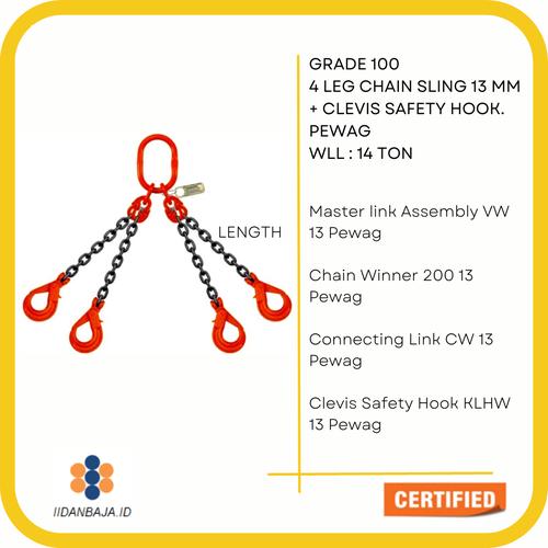 Jual G100 4 LEG CHAIN SLING 13 MM + CLEVIS SAFETY HOOK PEWAG WLL 14 TON ...