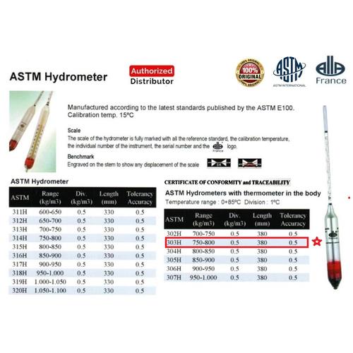 Jual ASTM 303H hydrometer with thermometer in body allafrance 0.750-0.800 - Jakarta Utara ...