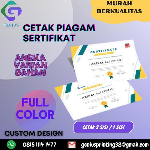 Jual cetak sertifikat piagam full color custom desain A4 1 sisi/ 2 sisi ...