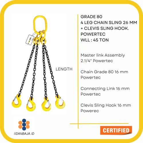 Jual G80 4 LEG CHAIN SLING 26 MM + CLEVIS SLING HOOK POWERTEC WLL 45 ...