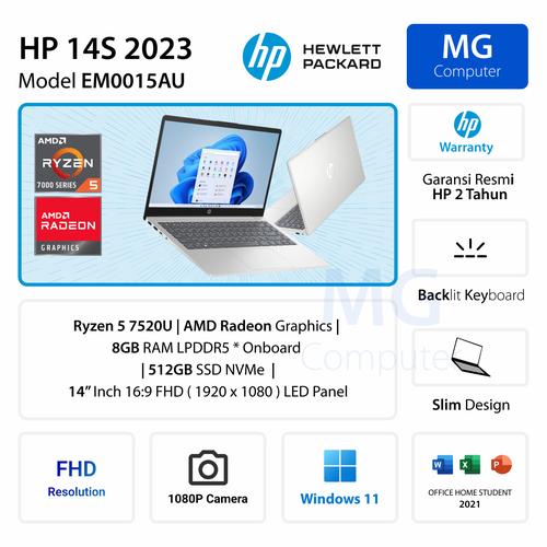 Jual HP 14S EM0015AU Ryzen 5 7520U RAM 8GB/512GB SSD W11 OHS - Kota ...