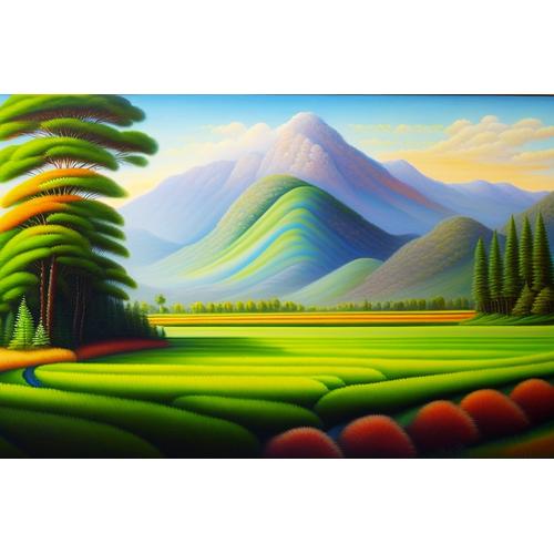 Jual Lukisan Pemandangan Nuansa Hijau Dengan Gunung, Rumput, dan ...