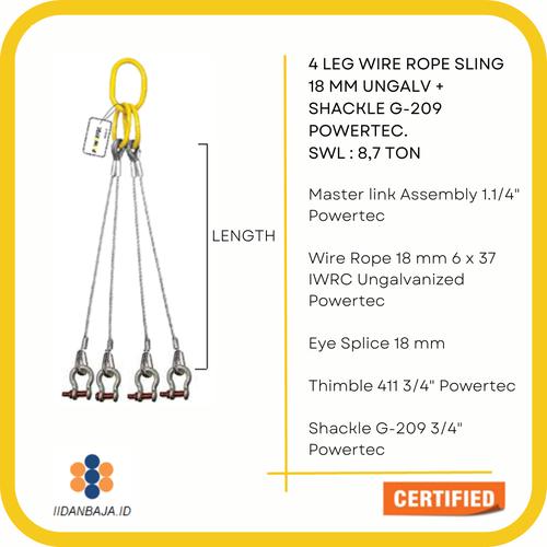 Jual 4 LEG WIRE ROPE SLING 18 MM UNGALV + SHACKLE G-209. SWL 8,7 TON ...