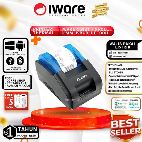 Jual PRINTER PPOB THERMAL USB+BLUETOOTH IWARE-C58BT 58MM KERTAS 5 ROLL ...