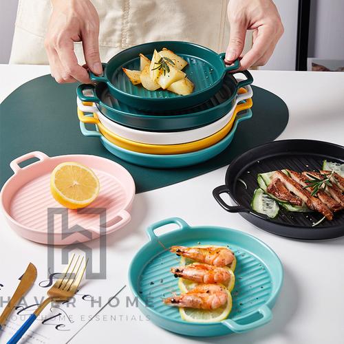 Jual ISLA - Piring Saji Ceramic Bulat with Handle Baking Tray Tahan ...