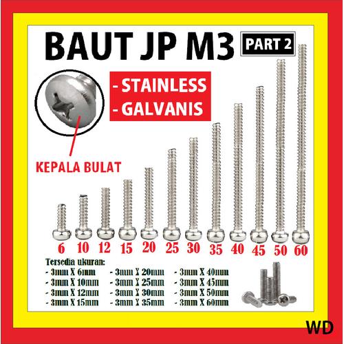 Jual BAUT JP BAUD M3 KEPALA BULAT SEKRUP STAINLESS GALVANIS 40 45 50 60mm - GALVANIS, M3 X 40mm ...
