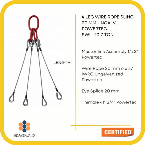 Jual 4 LEG WIRE ROPE SLING 20 MM UNGALV. SWL 10,7 TON POWERTEC - 2 M ...