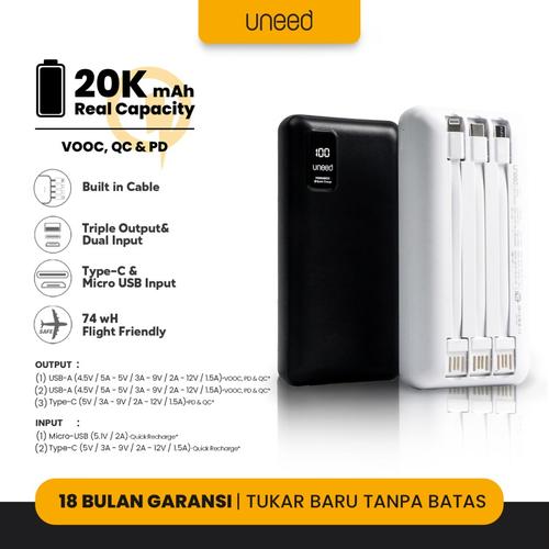 Jual Powerbank UNEED B20 20000mAh Built in Cable Fast Charging 2.1A ...
