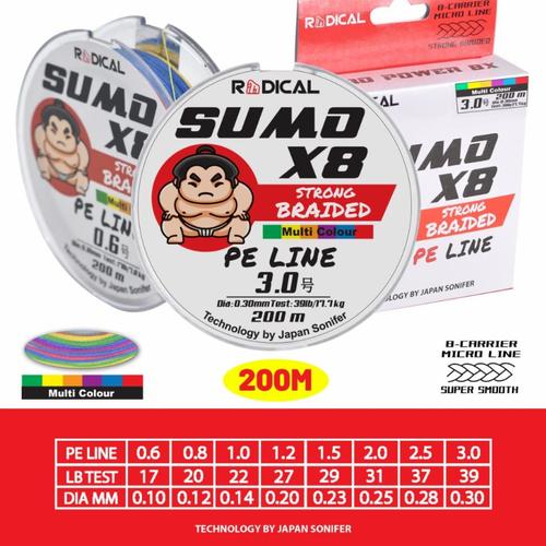 Jual senar pancing braid pe radical sumo 200 meter multi colour warna ...