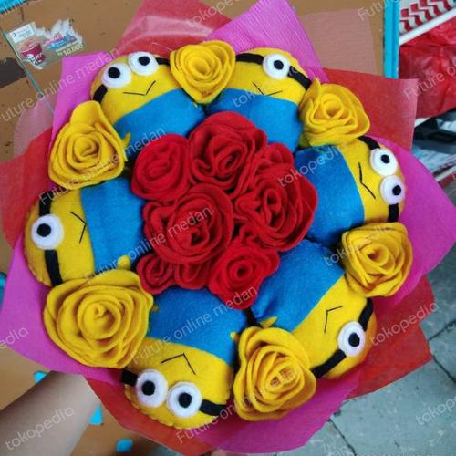Jual buket bunga minion boneka free kartu nama happy birthday ulang ...