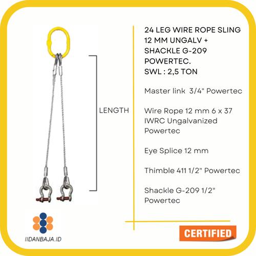 Jual 2 LEG WIRE ROPE SLING 12 MM UNGALV + SHACKLE G-209. SWL 2,5 TON ...