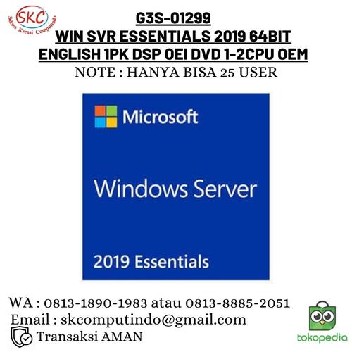 Jual G3S-01299 Win Svr Essentials 2019 64Bit English 1pk DSP OEI DVD 1-2CPU - Jakarta Barat ...
