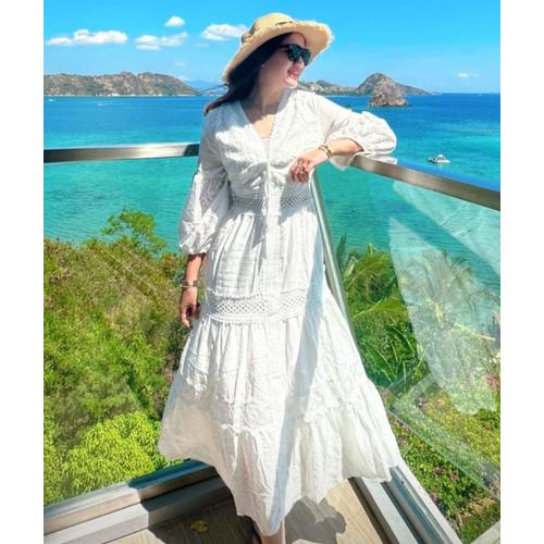 Jual nanda white dress long sleeve / gaun pantai putih korean summer ...