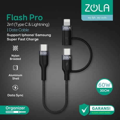 Promo Zola FLASH PRO CABLE PD QUICK CHARGER 2 IN 1 Usb TYPE C /LIGHTNING 60W - Gold/30cm ...