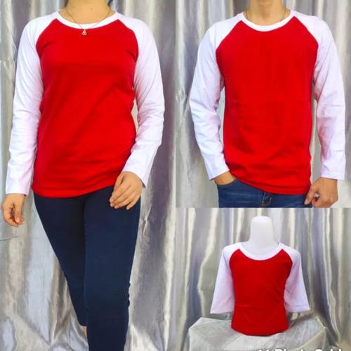 Jual kaos oblong polos merah/putih kaos raglan lengan panjang - MERAH ...