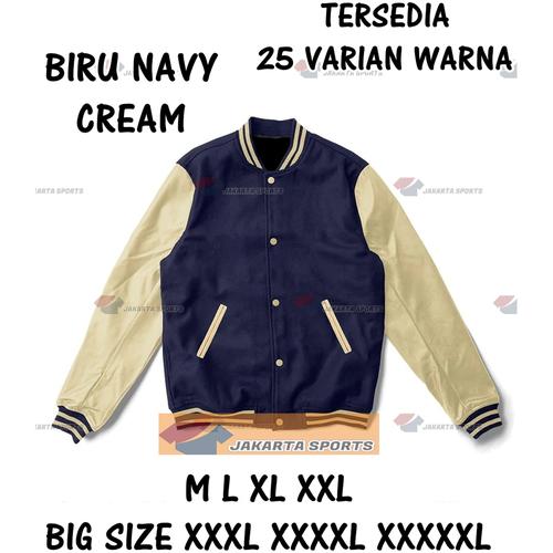 Jual JAKET VARSITY BIRU TUA NAVY LENGAN CREAM BASEBALL PRIA WANITA ...