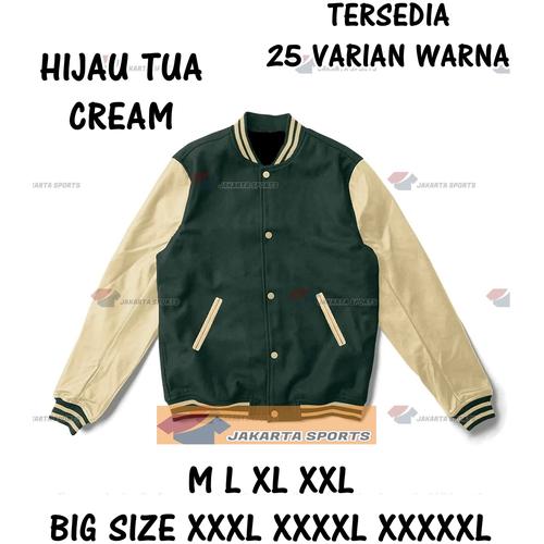 Jual JAKET VARSITY HIJAU TUA LENGAN CREAM BASEBALL KANCING PRIA WANITA ...