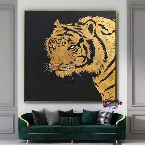Jual Lukisan Tangan Modern Gold Tiger Acrylic Painting, 100x100 + Frame ...