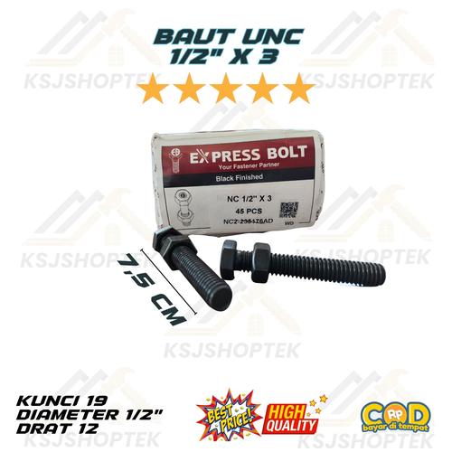 Jual Baut Mur Besi Hitam Hexagonal Baut Mur UNC 1/2" (Kunci 19) x 3 ...