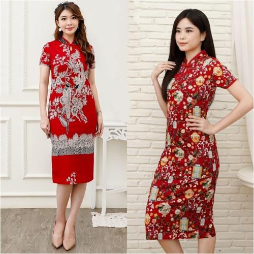 Jual Dress Batik Merah Baju Cheongsam qipao jibao china Kancing ...
