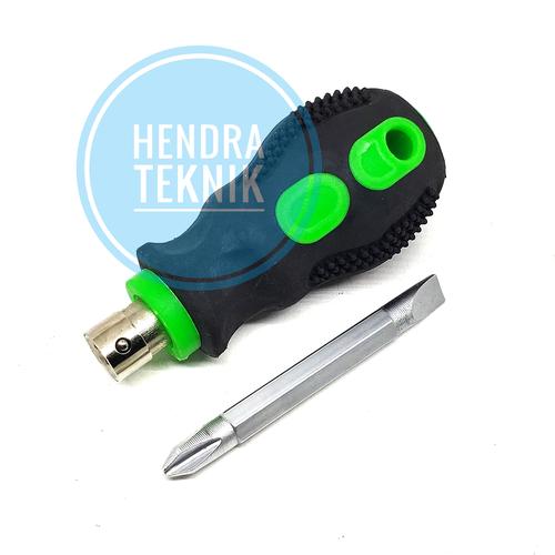 Jual Obeng bolak balik cebol 2 way +/- gagang karet obeng pendek crv ...