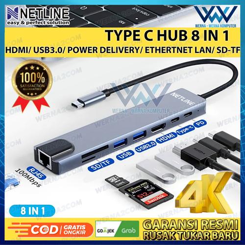 Jual NETLINE TYPE C 8 IN 1 SLIM HUB HDMI 4K LAN USB 3.0 PD CARD READER ...