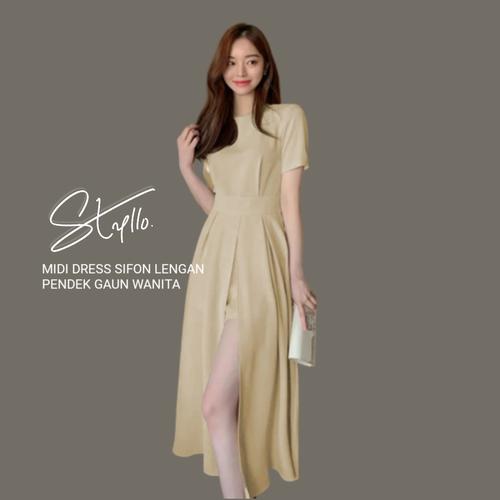 Jual Midi Dress Lengan Pendek Gaun Korea Wanita Layered Sifon Anggun ...