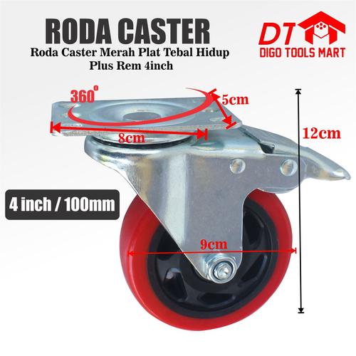 Jual Roda Caster Merah Plat Tebal Hidup Plus Rem 4Inci Roda Nylon Merah ...