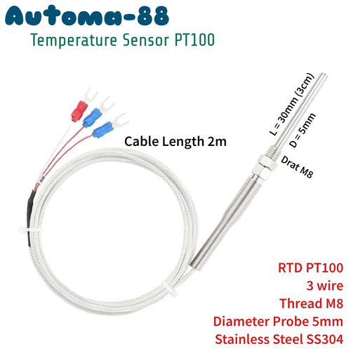 Jual Thermocouple PT100 kabel 2m 30mm 3cm M8 Temperature Sensor 3 Wire ...