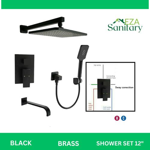 Jual Wall Shower Set Hitam 12 inch Kuningan /Kran tanam tembok panas ...