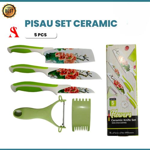 Jual Set Pisau Dapur Motif Bunga 5 in 1 Gagang Hijau Kitchen Knife Set ...