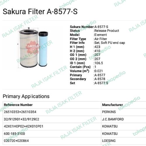 Jual Air Filter A-8577 Set Komatsu PC 200-7, Perkins - Jakarta Barat ...