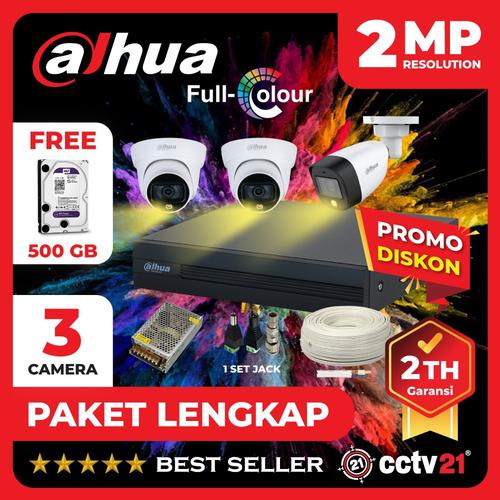 Jual Paket CCTV DAHUA FULL COLOR Colorvu 3 Channel Kamera 3CH 2MP ...
