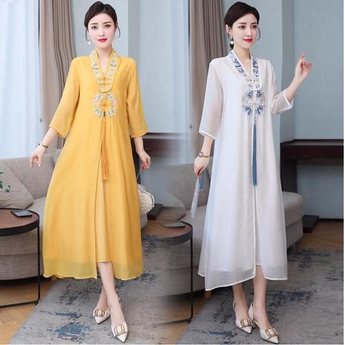 Jual Gaun Pesta D23003 Cheongsam Putih Kuning Lengan Siku Party Dress ...