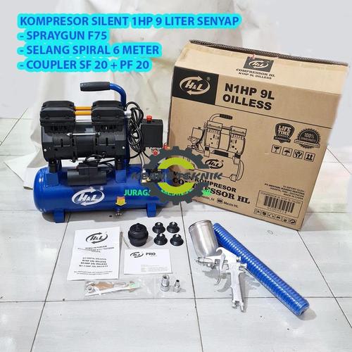 Jual H&L Kompresor Silent 1HP 9 Liter HL + Spraygun F75 + Selang Spiral ...