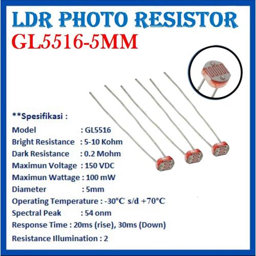Jual LDR GL5516 5mm Photoresistor Light Dependent Resistor Sensor ...