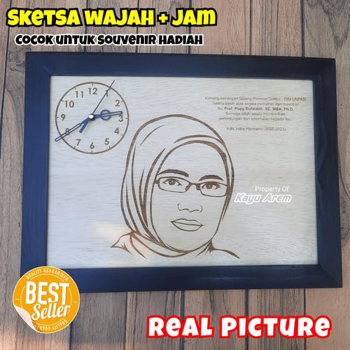 Jual Foto Sketsa Wajah dan Jam Kayu / Siluet Wajah Custom Grafir Laser ...