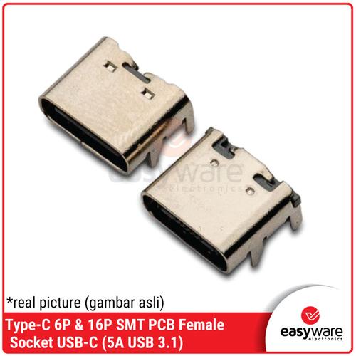 Jual Socket Type-C Female 6P 16P USB-C 5A USB 3.1 Connector 6 Pin 16 ...
