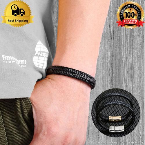 Promo Gelang Tangan Pria Kulit Hitam Silver Asli Magnet Titanium Simple ...
