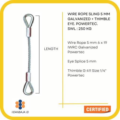 Jual WIRE ROPE SLING 5 MM GALVANIZED + THIMBLE EYE. SWL 300 KG POWERTEC ...