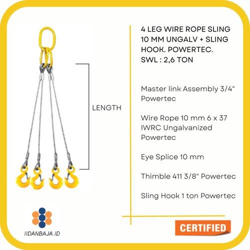 Jual 4 LEG WIRE ROPE SLING 10 MM UNGALV + SLING HOOK. SWL 2,6 TON ...