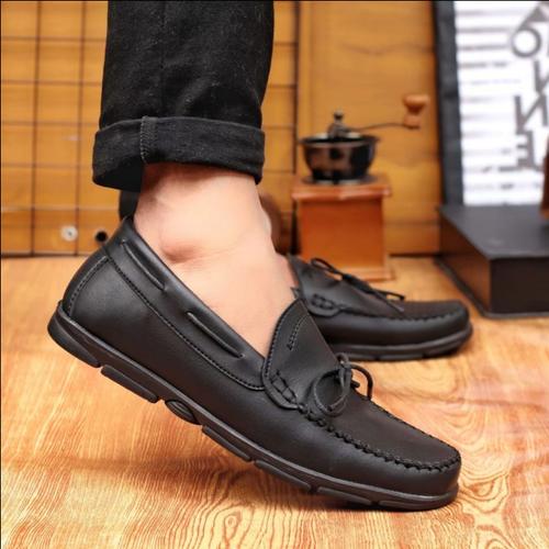 Jual Sepatu Casual Pria Slip On Gate PU Leather Black Selop Kerja ...