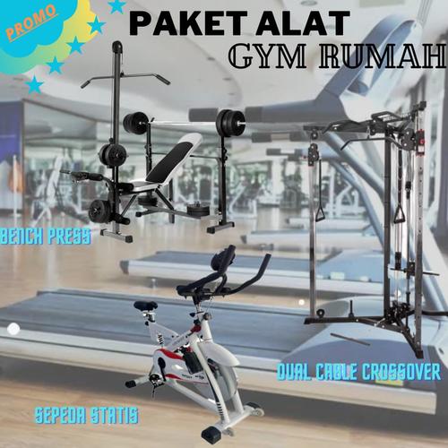 Jual paket alat gym rumah dual cable crossover sepeda statis bench ...