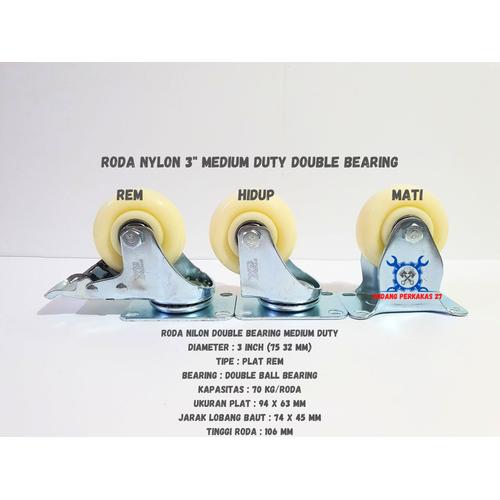 Jual Roda Nylon 3 inci Double Bearing Medium Duty 3" TIPE Rem Hidup ...
